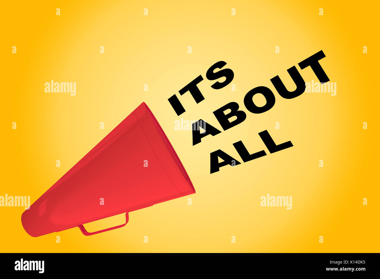 3D illustration of "ITS ABOUT ALL" title flowing from a loudspeaker ...