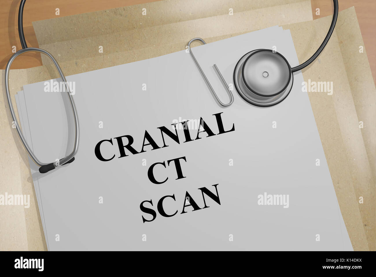 3D illustration of "CRANIAL CT SCAN" title on a medical document Stock ...