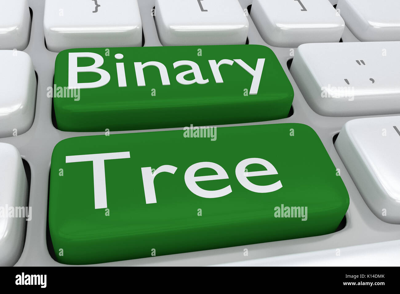 3D illustration of computer keyboard with the script "Binary Tree" on two adjacent green buttons ...