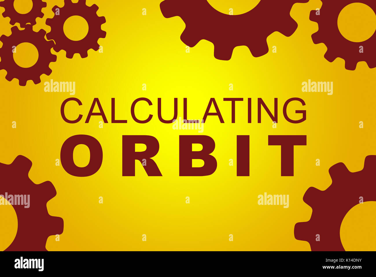 CALCULATING ORBIT sign concept illustration with red gear wheel figures ...