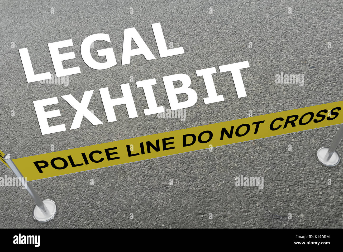 3D illustration of "LEGAL EXHIBIT" title on the ground in a police ...