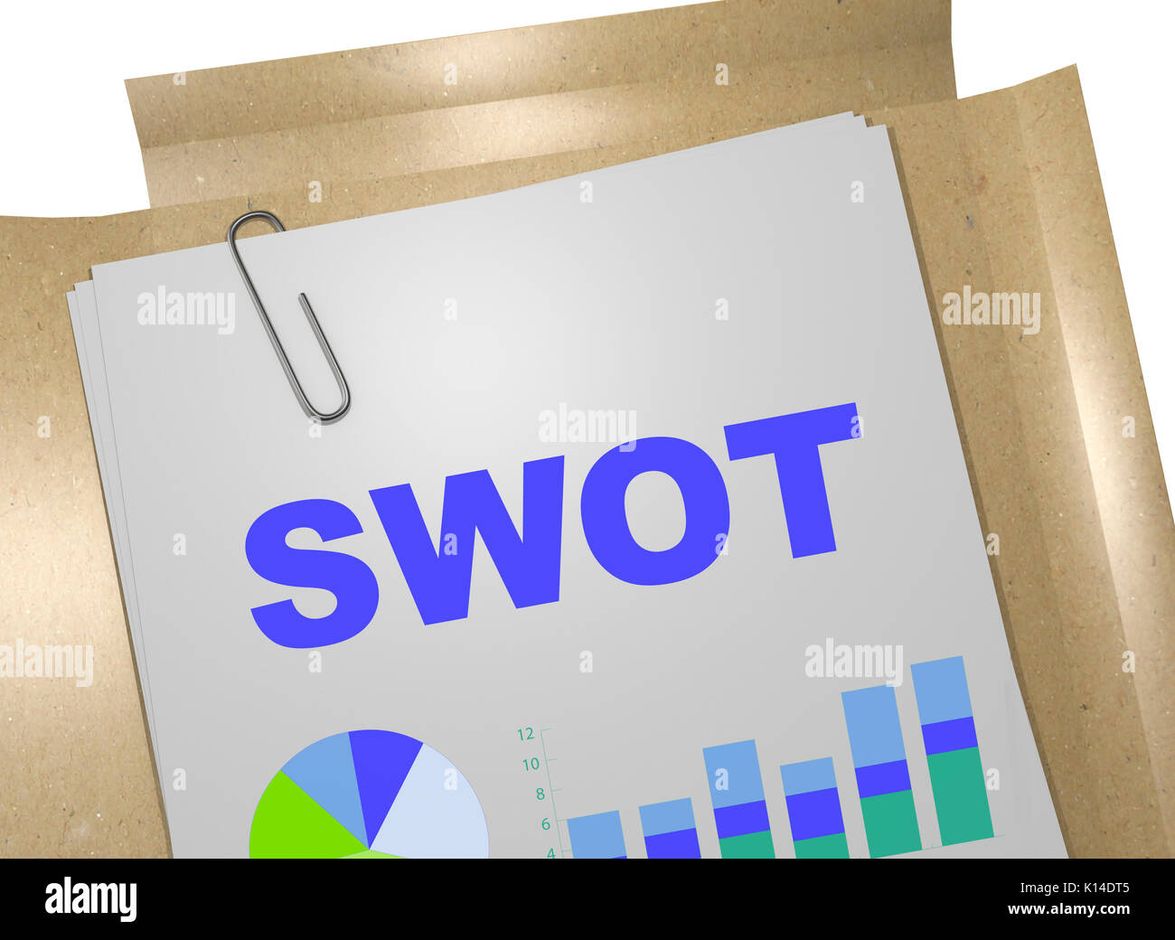 3D illustration of "SWOT" title on business document (an acronym for ...