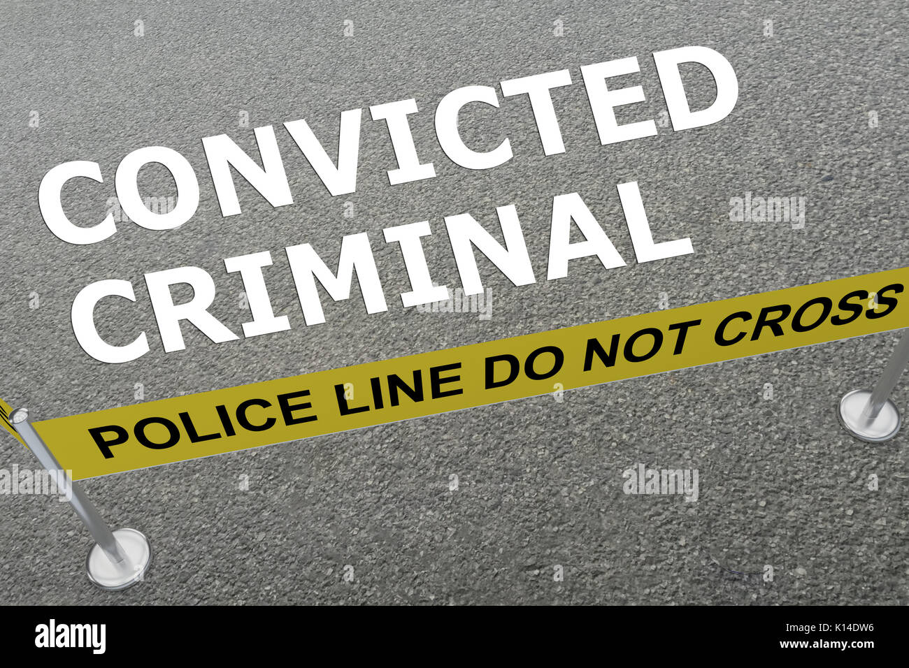3D illustration of "CONVICTED CRIMINAL" title on the ground in a police ...