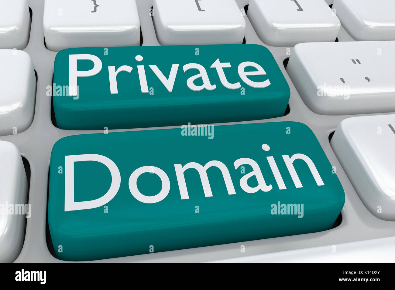 3D illustration of computer keyboard with the script "Private Domain" on two adjacent green ...