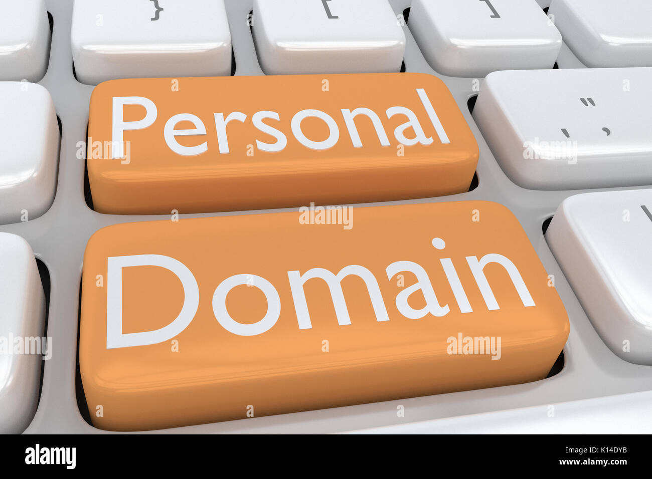 3D illustration of computer keyboard with the script "Personal Domain" on two adjacent buttons ...