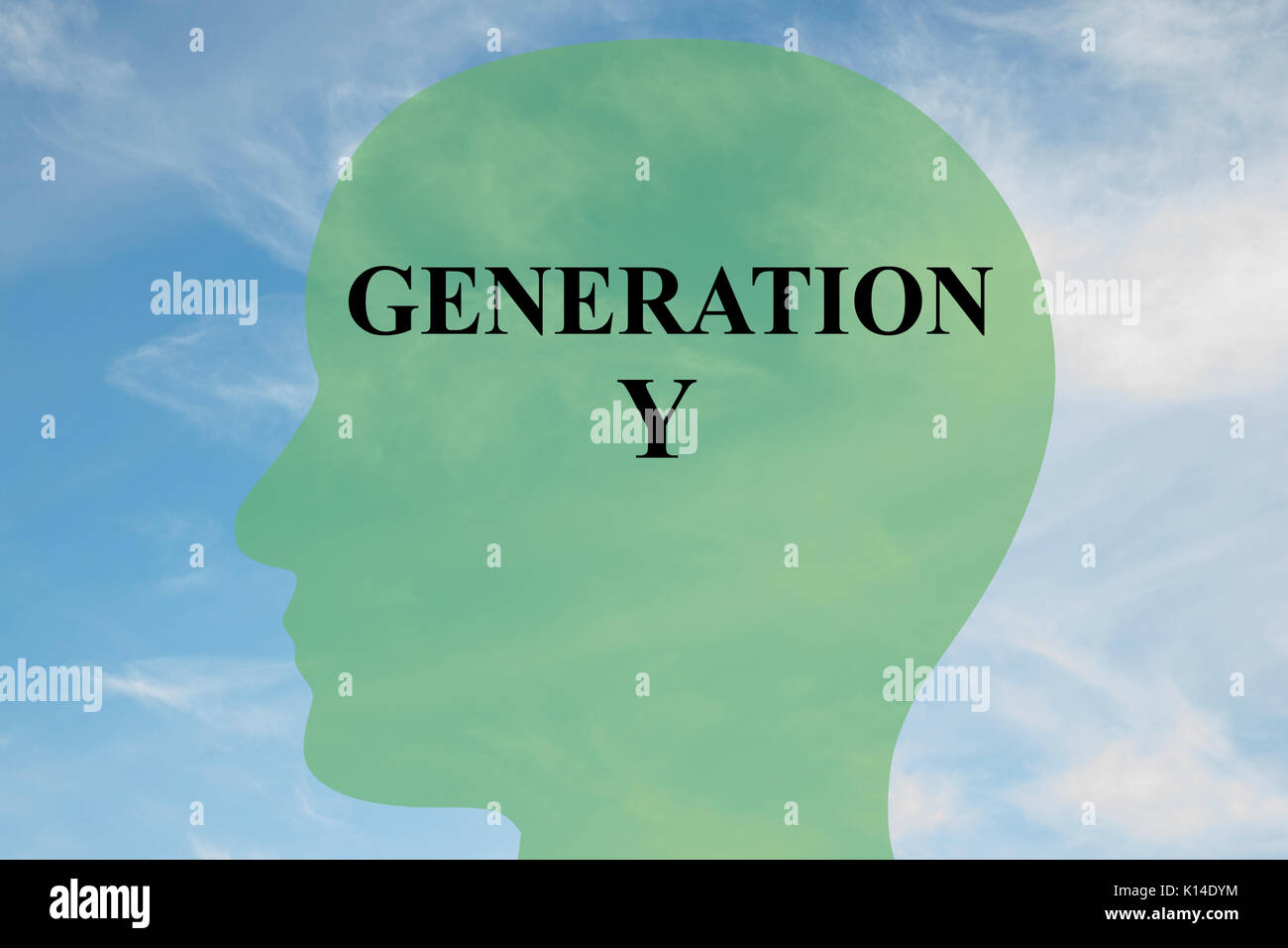 Render illustration of "GENERATION Y" script on head silhouette, with ...