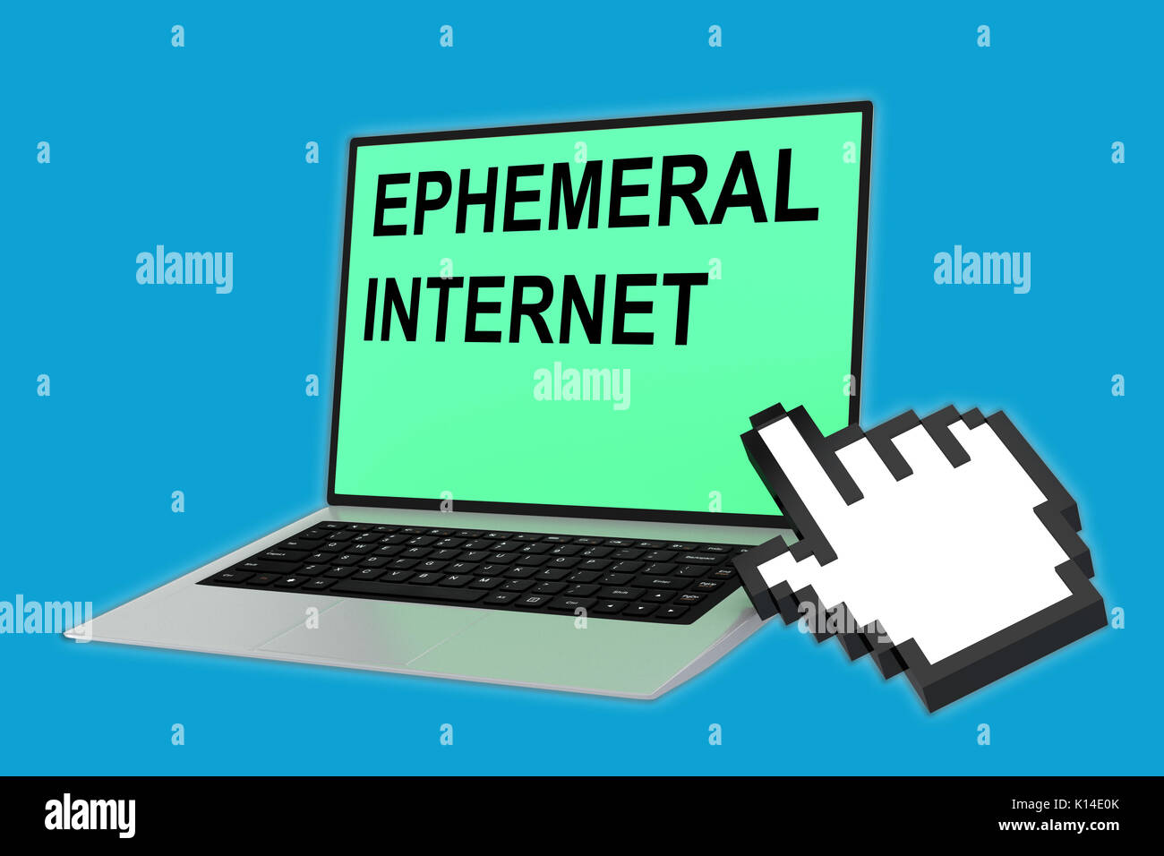 3D illustration of "EPHEMERAL INTERNET" script with pointing hand icon ...