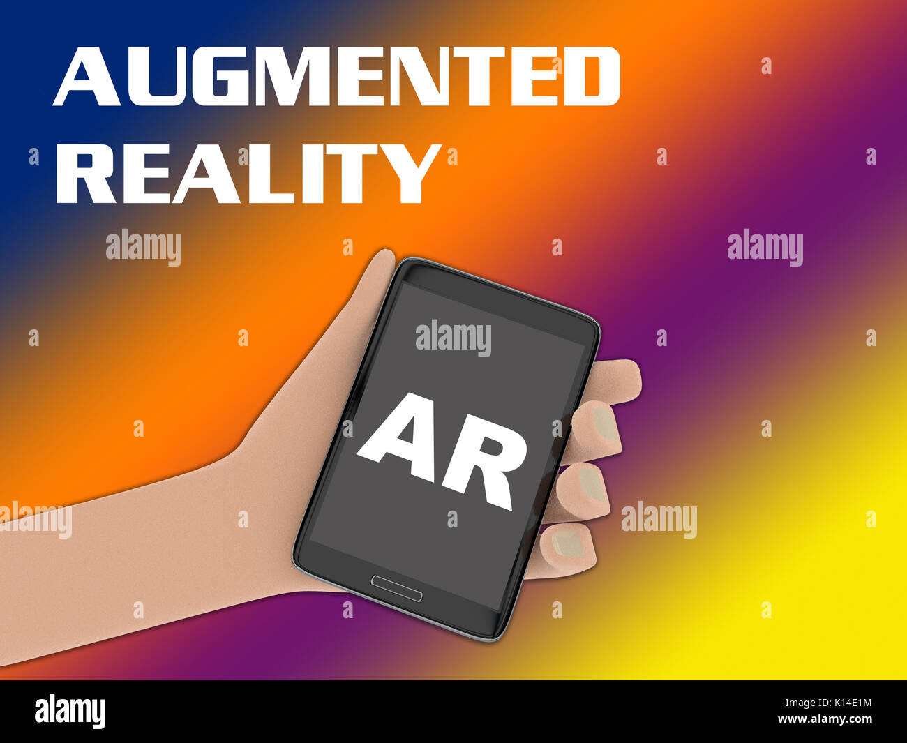 3D illustration of "AR" script on the screen of a cellulr phone held by ...