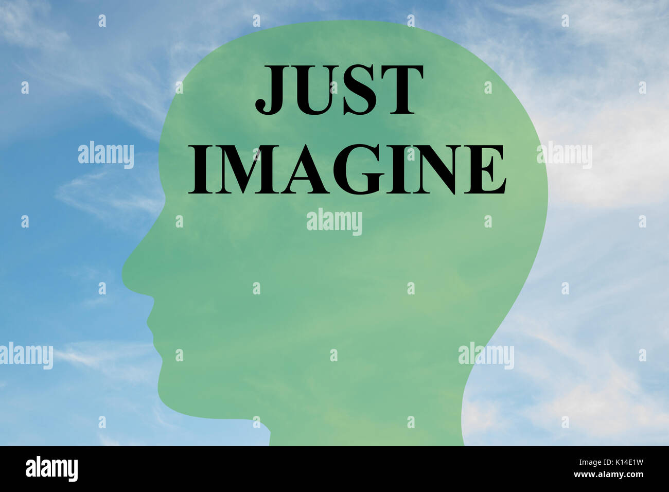 Render illustration of "JUST IMAGINE" script on head silhouette, with ...
