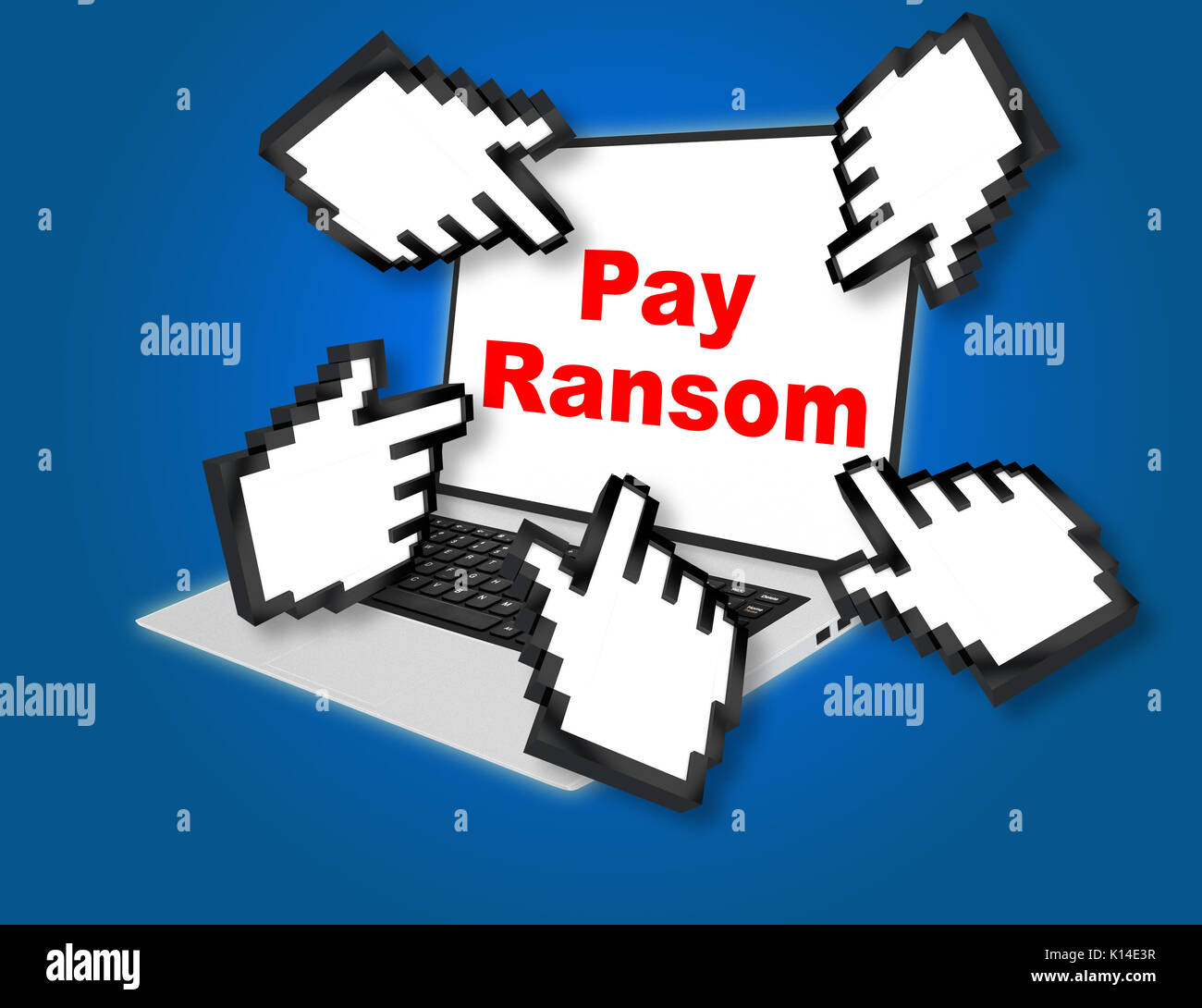 3D illustration of "Pay Ransom" script with pointing hand icons ...