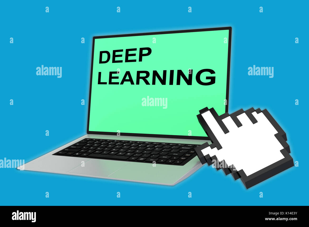 3D illustration of "DEEP LEARNING" script with pointing hand icon ...