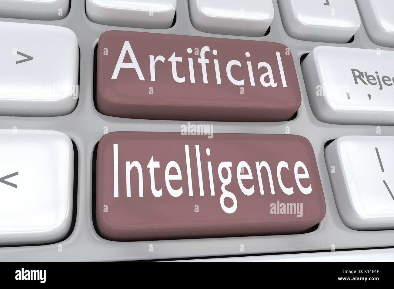 3D illustration of computer keyboard with the script "Artificial Intelligence" on two adjacent ...