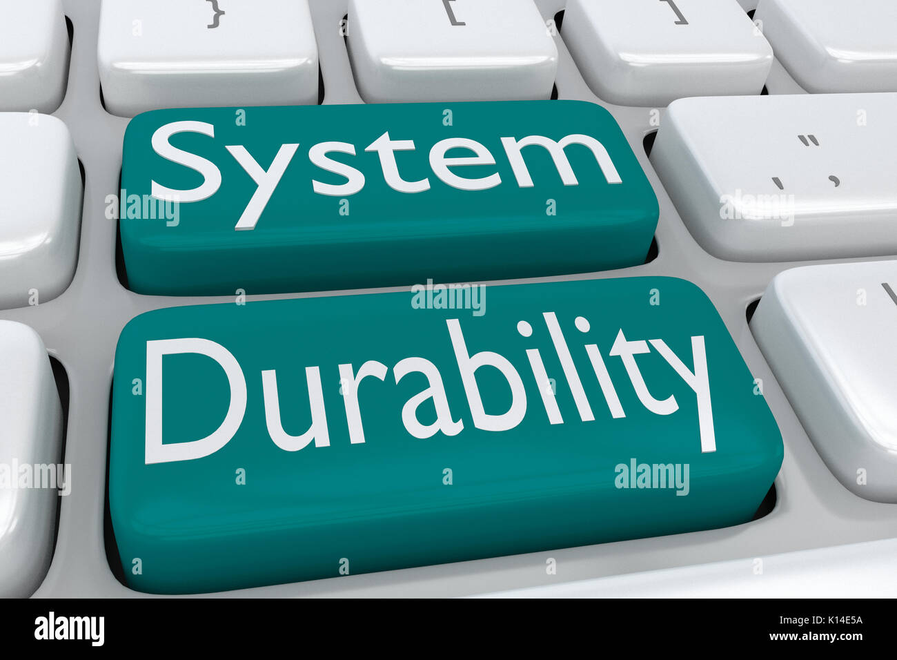 3D illustration of computer keyboard with the script "System Durability" on two adjacent green ...
