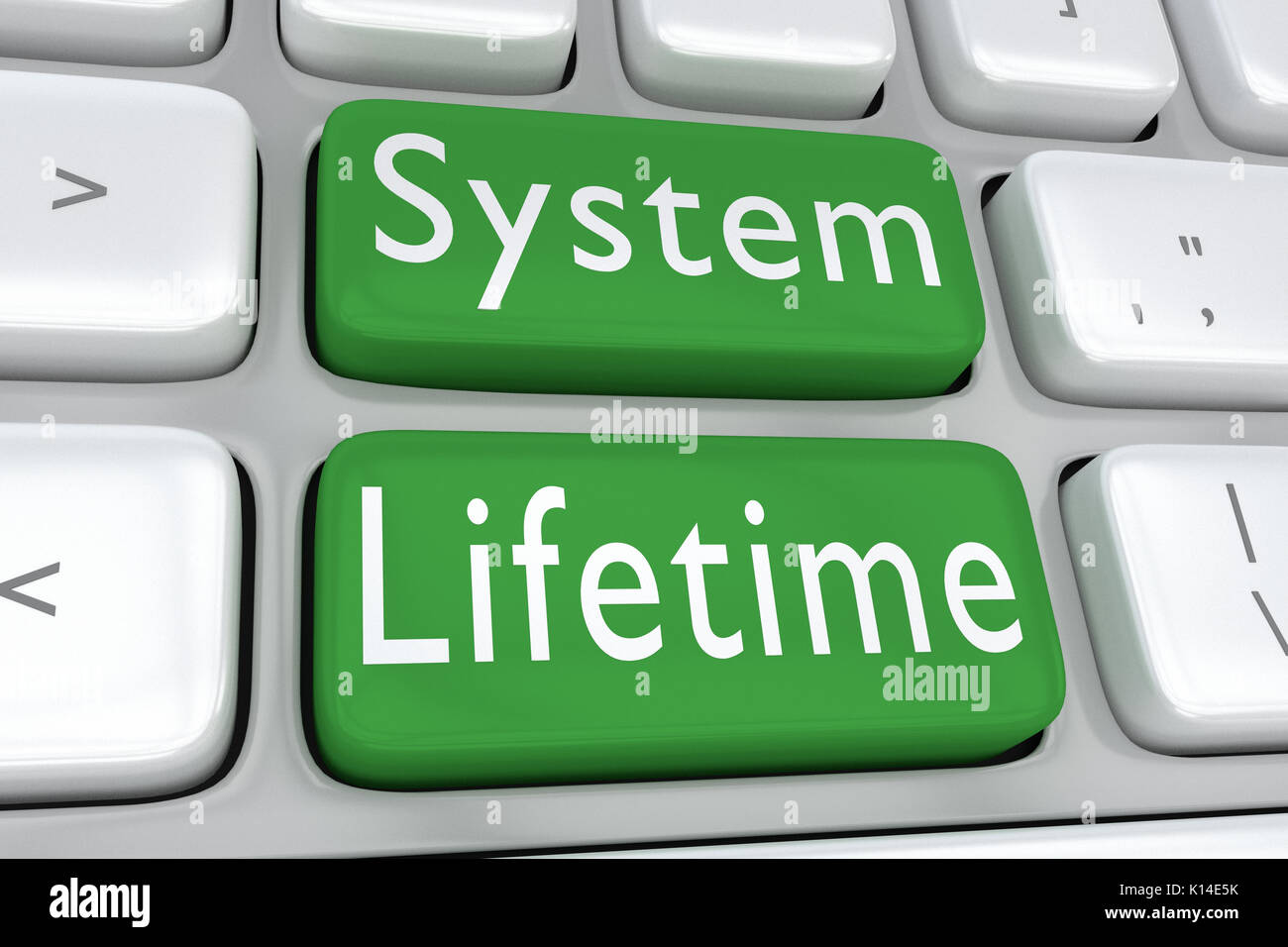 3D illustration of computer keyboard with the script "System Lifetime" on two adjacent green ...