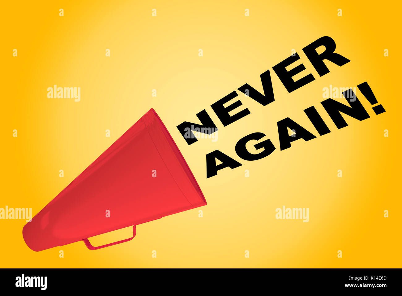 3D illustration of "NEVER AGAIN" title flowing from a loudspeaker Stock ...