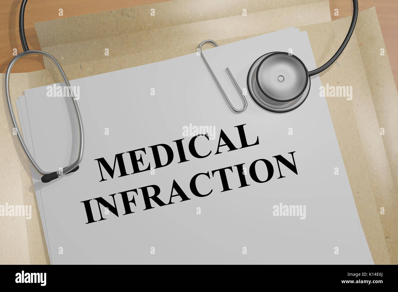 3D illustration of "MEDICAL INFRACTION" title on a medical document ...
