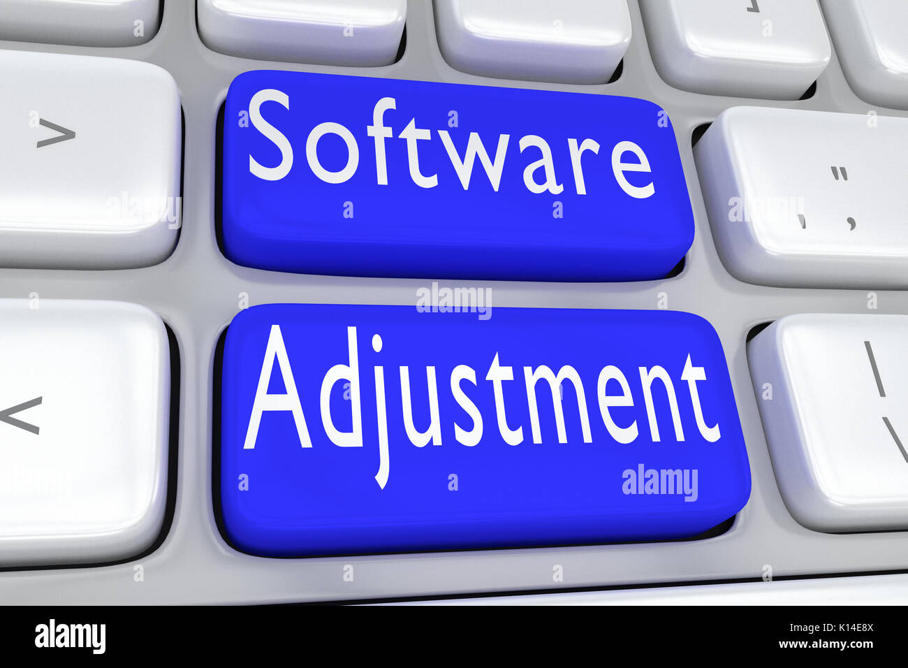 3D illustration of computer keyboard with the script "Software Adjustment" on two adjacent blue ...