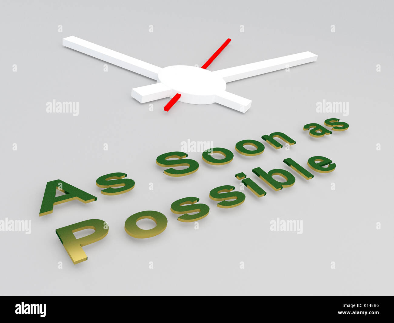 3D illustration of "As Soon as Possible" title with a clock as a ...