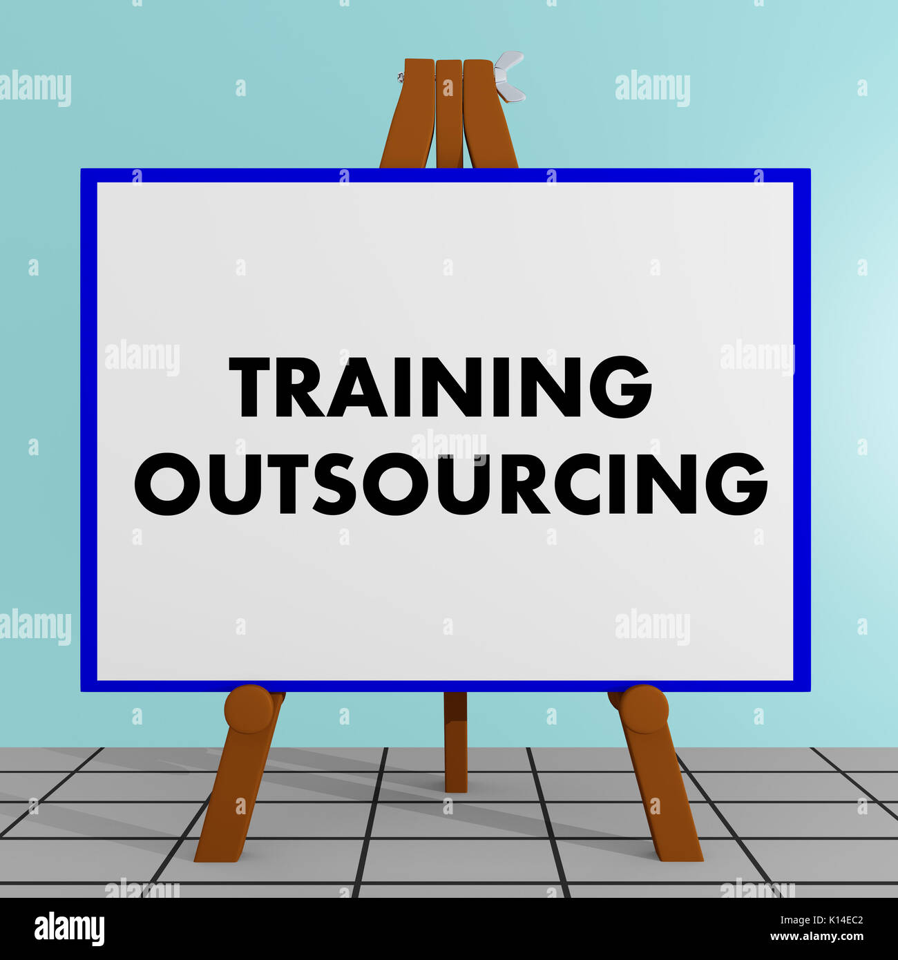 3D illustration of "TRAINING OUTSOURCING" title on a tripod display ...