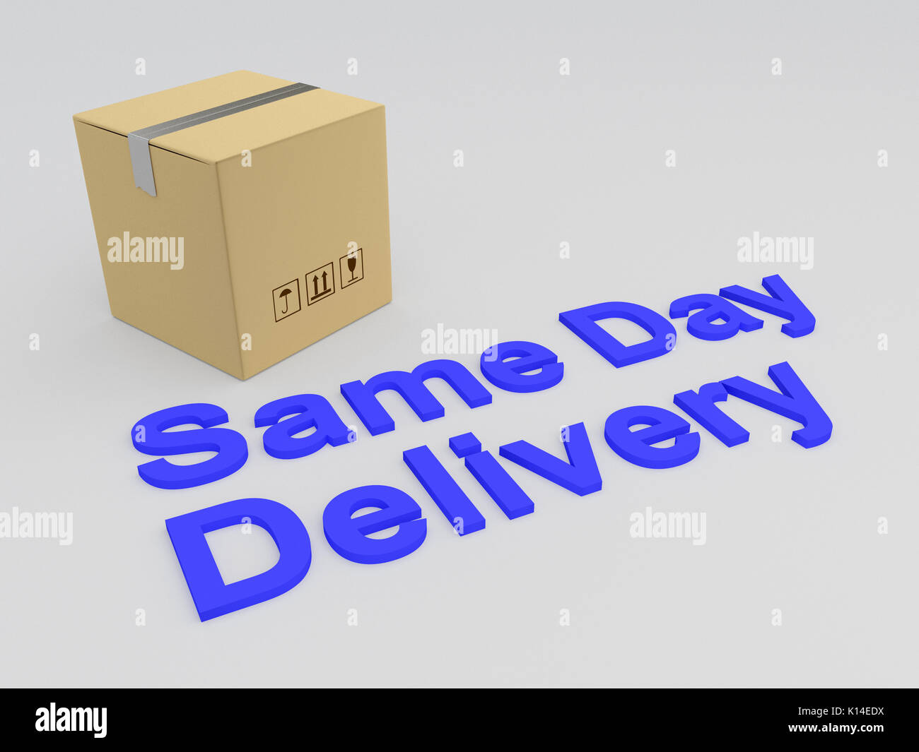 3D illustration of "Same Day Delivery" title with a carton box as a ...
