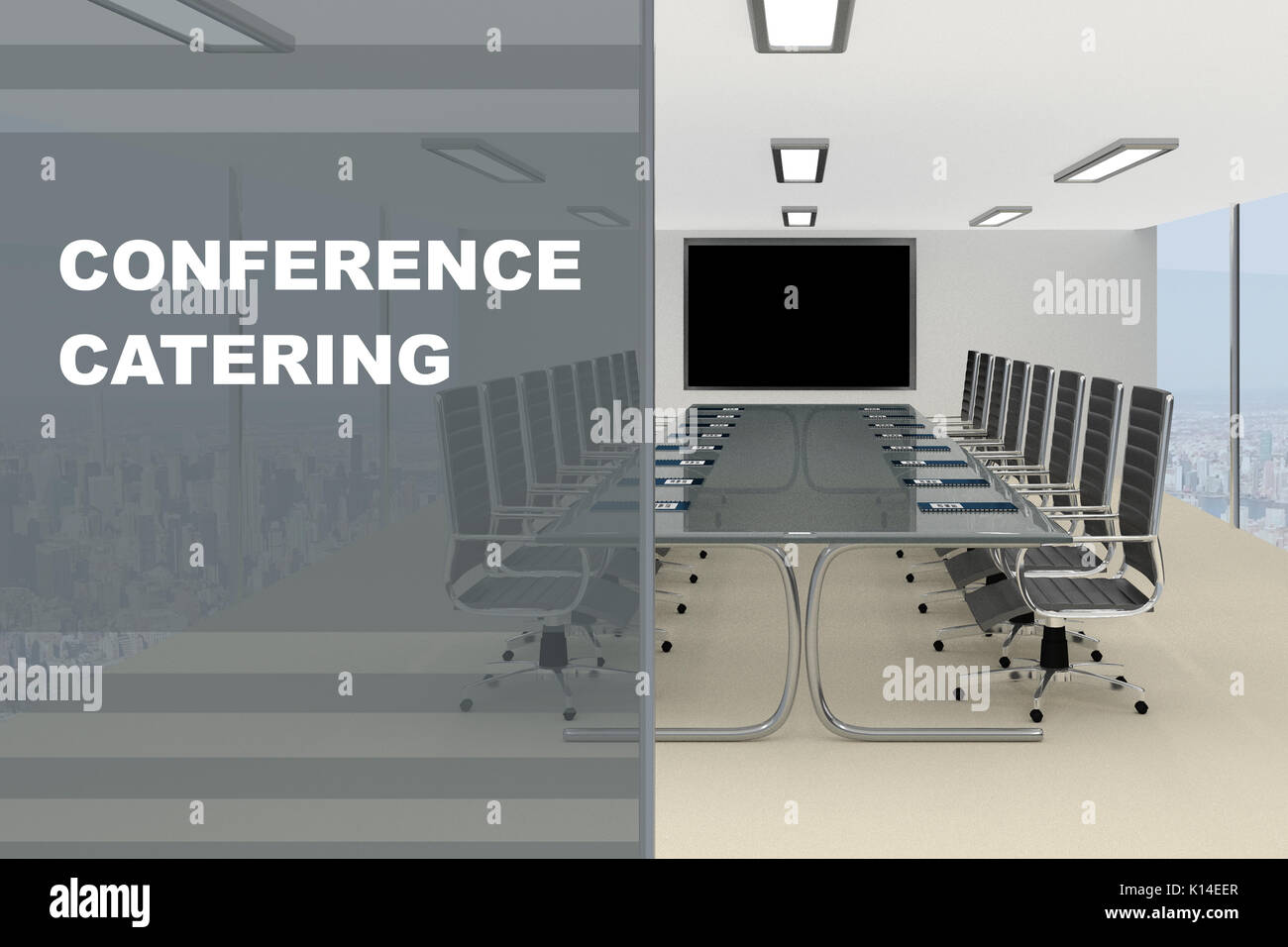 3D illustration of "CONFERENCE CATERING" title on a glass compartment ...