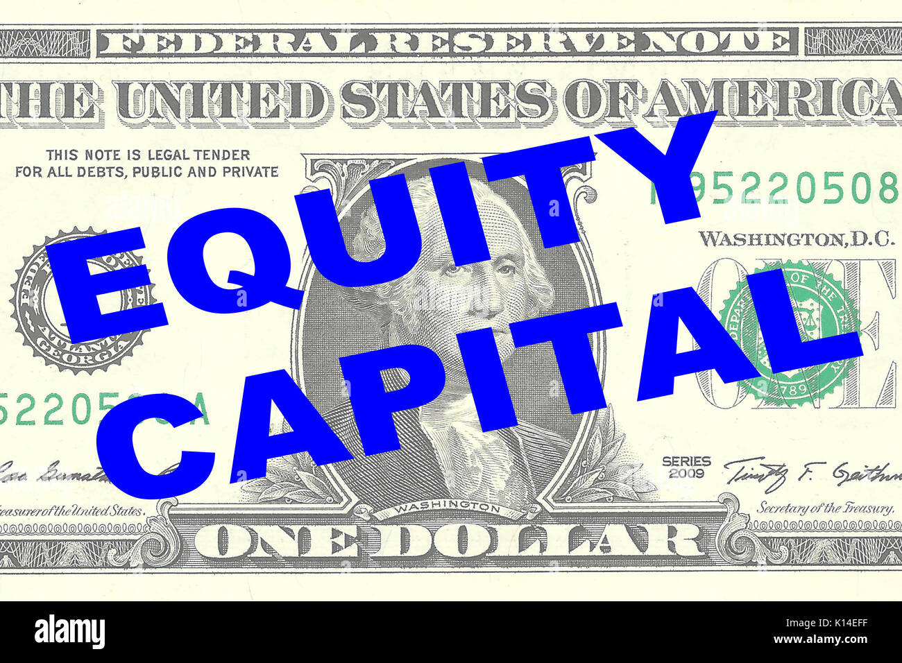 Render illustration of "EQUITY CAPITAL" title on One Dollar bill as a ...