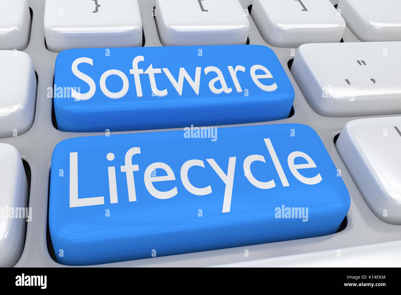 3D illustration of computer keyboard with the script "Software Lifecycle" on two adjacent pale ...
