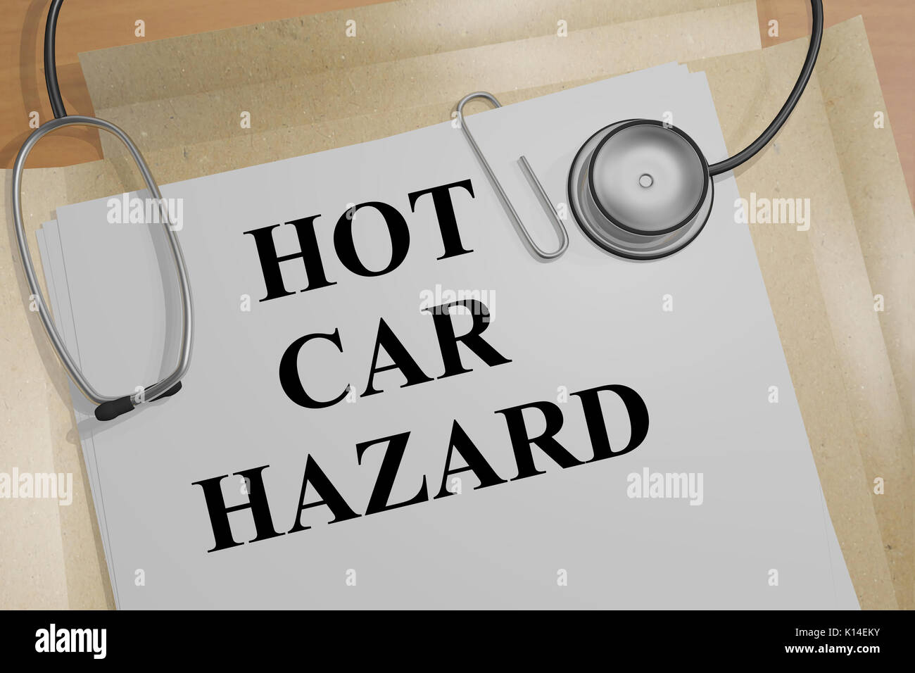 3D illustration of "HOT CAR HAZARD" title on a medical document Stock ...