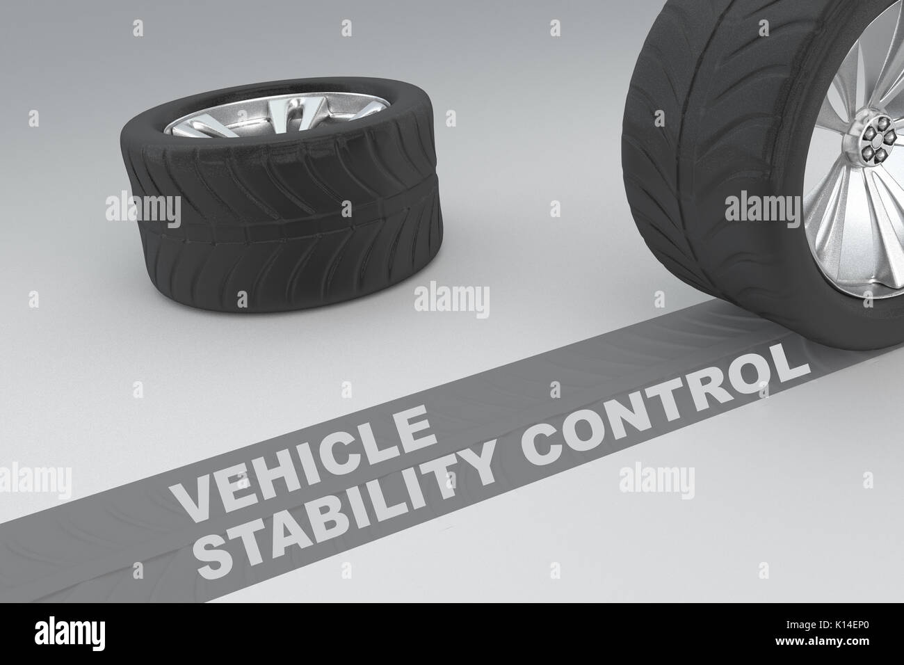 3D illustration of "VEHICLE STABILITY CONTROL" title with two tires as ...