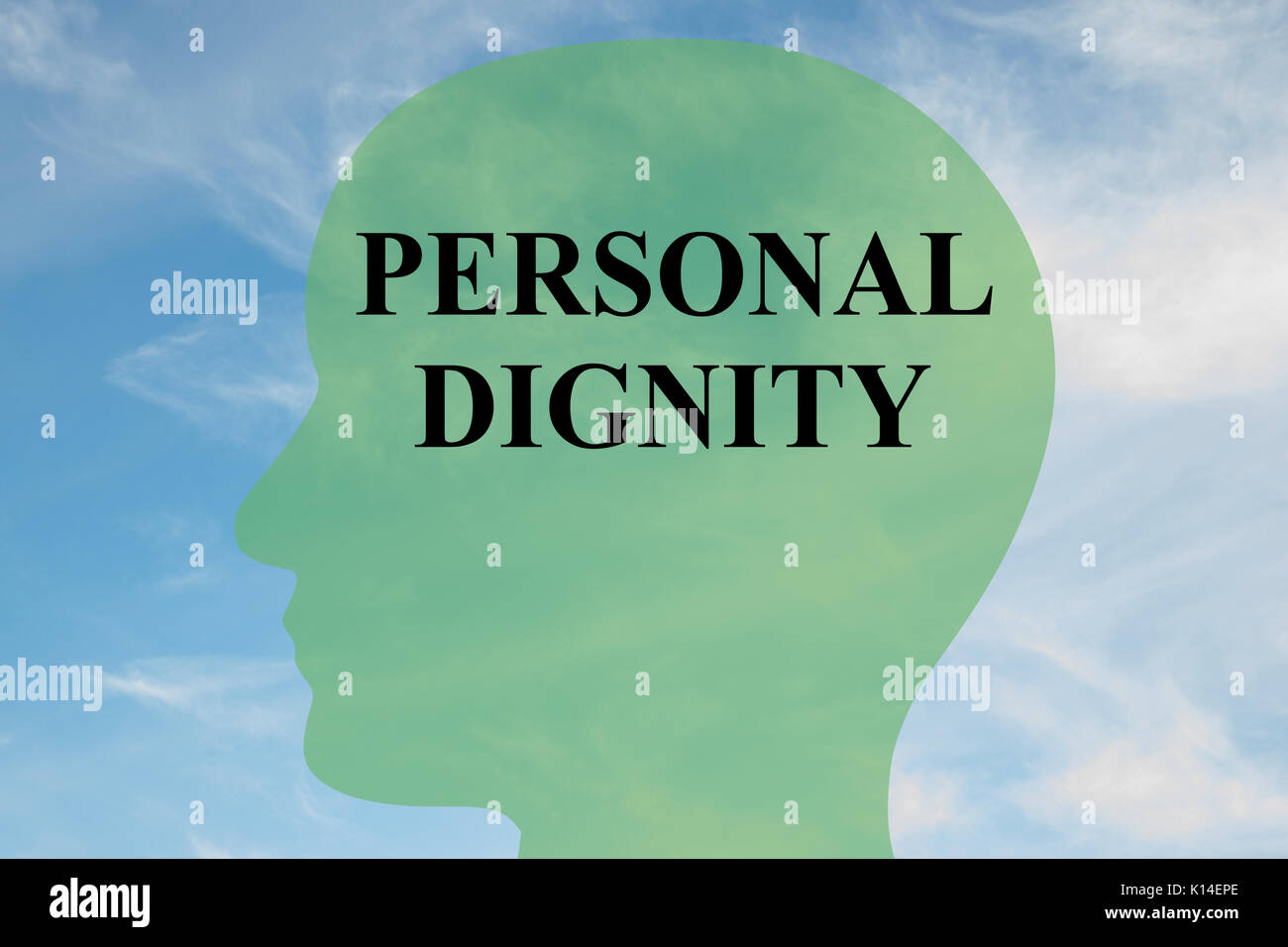 Render illustration of "PERSONAL DIGNITY" script on head silhouette ...