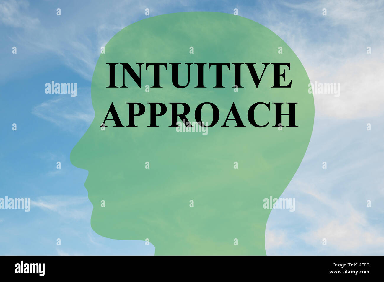Render illustration of "INTUITIVE APPROACH" script on head silhouette ...