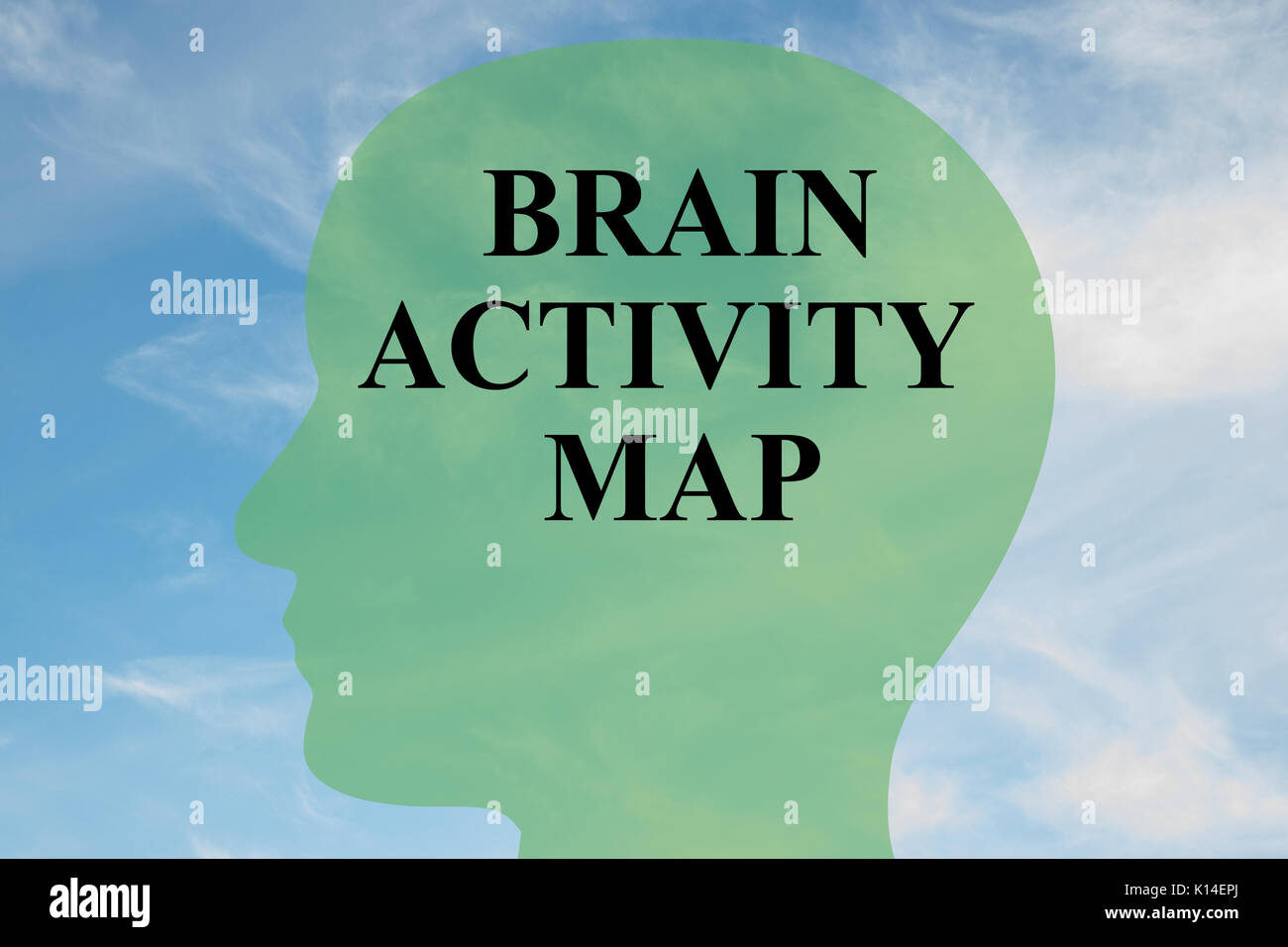 Render illustration of "BRAIN ACTIVITY MAP" script on head silhouette ...