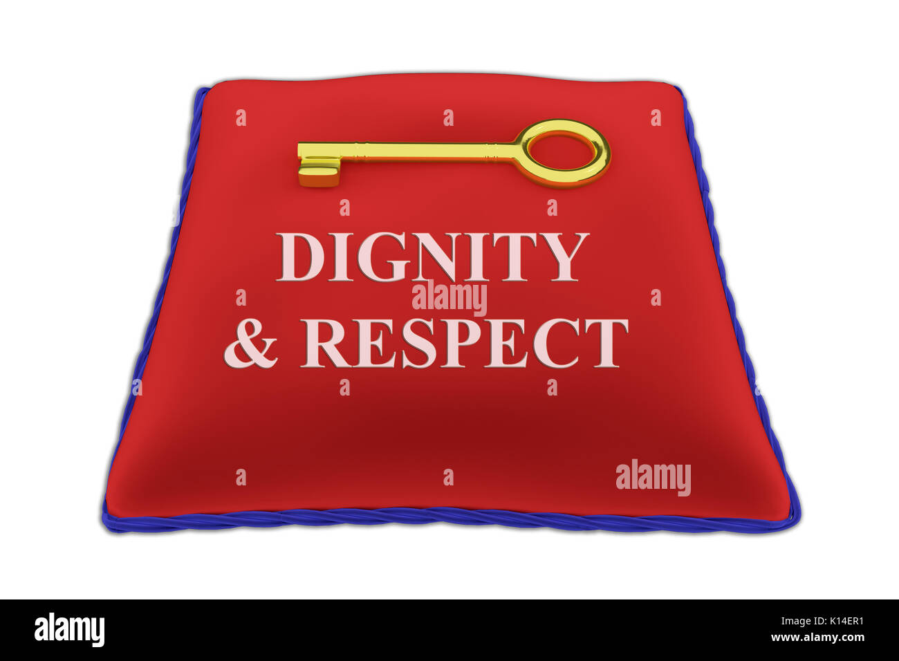 3D illustration of "DIGNITY & RESPECT" Title on red velvet pillow near ...