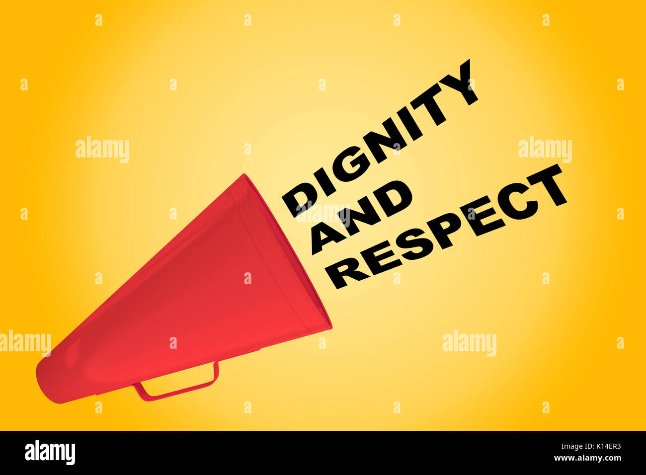 3D illustration of "DIGNITY AND RESPECT" title flowing from a ...