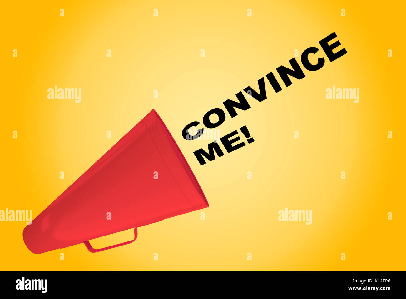 3D illustration of "CONVINCE ME!" title flowing from a loudspeaker ...