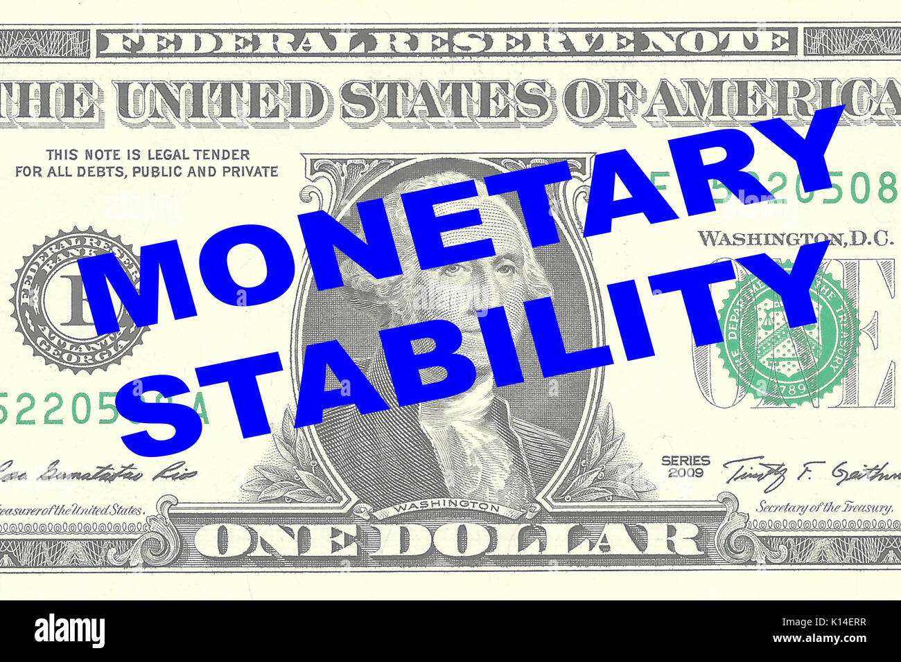 Render illustration of "MONETARY STABILITY" title on One Dollar bill as ...