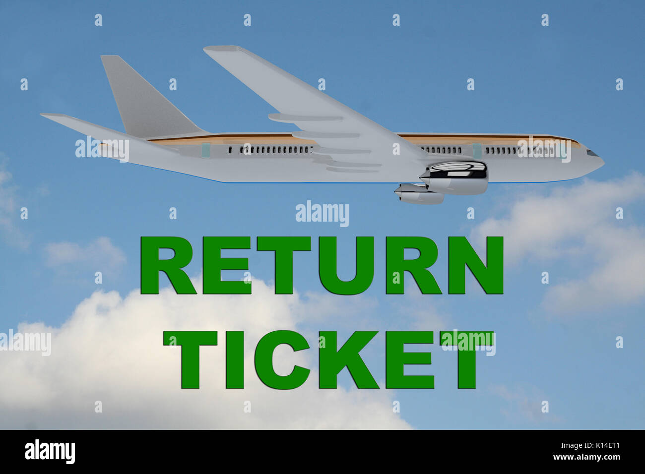 3D illustration of "RETURN TICKET" title on cloudy sky as a background ...