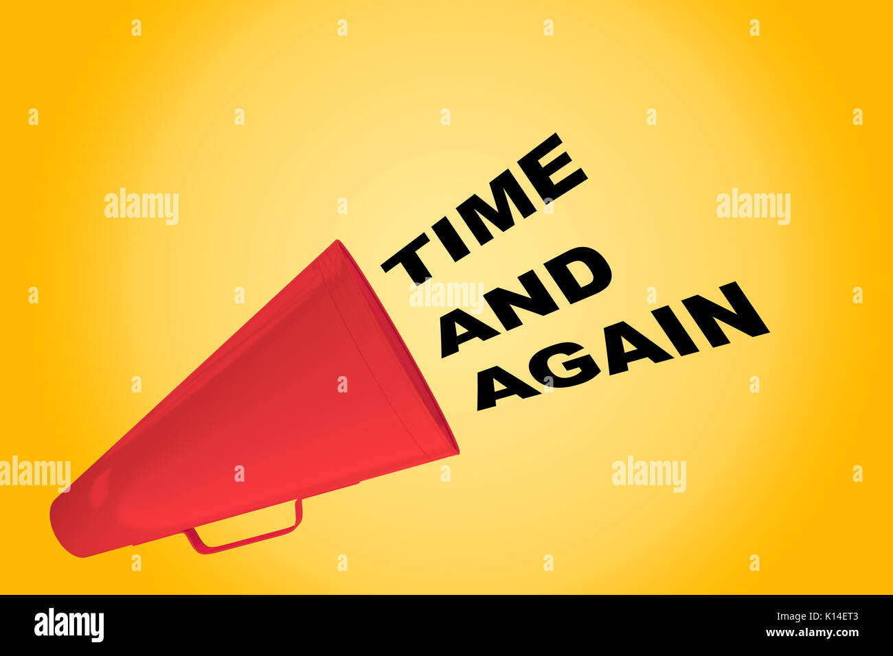 3D illustration of "TIME AND AGAIN" title flowing from a loudspeaker ...