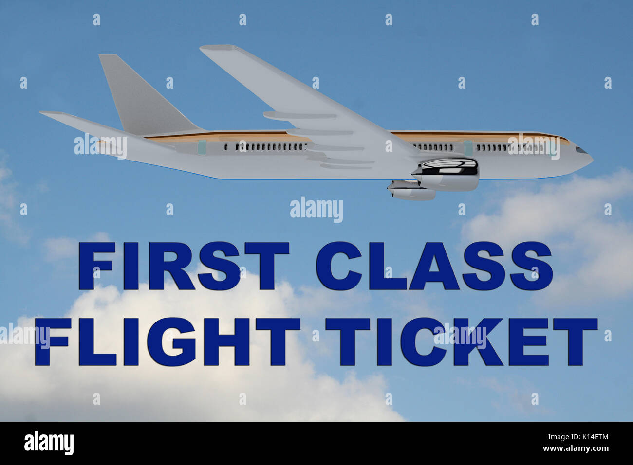 3D illustration of "FIRST CLASS FLIGHT TICKET" title on cloudy sky as a ...