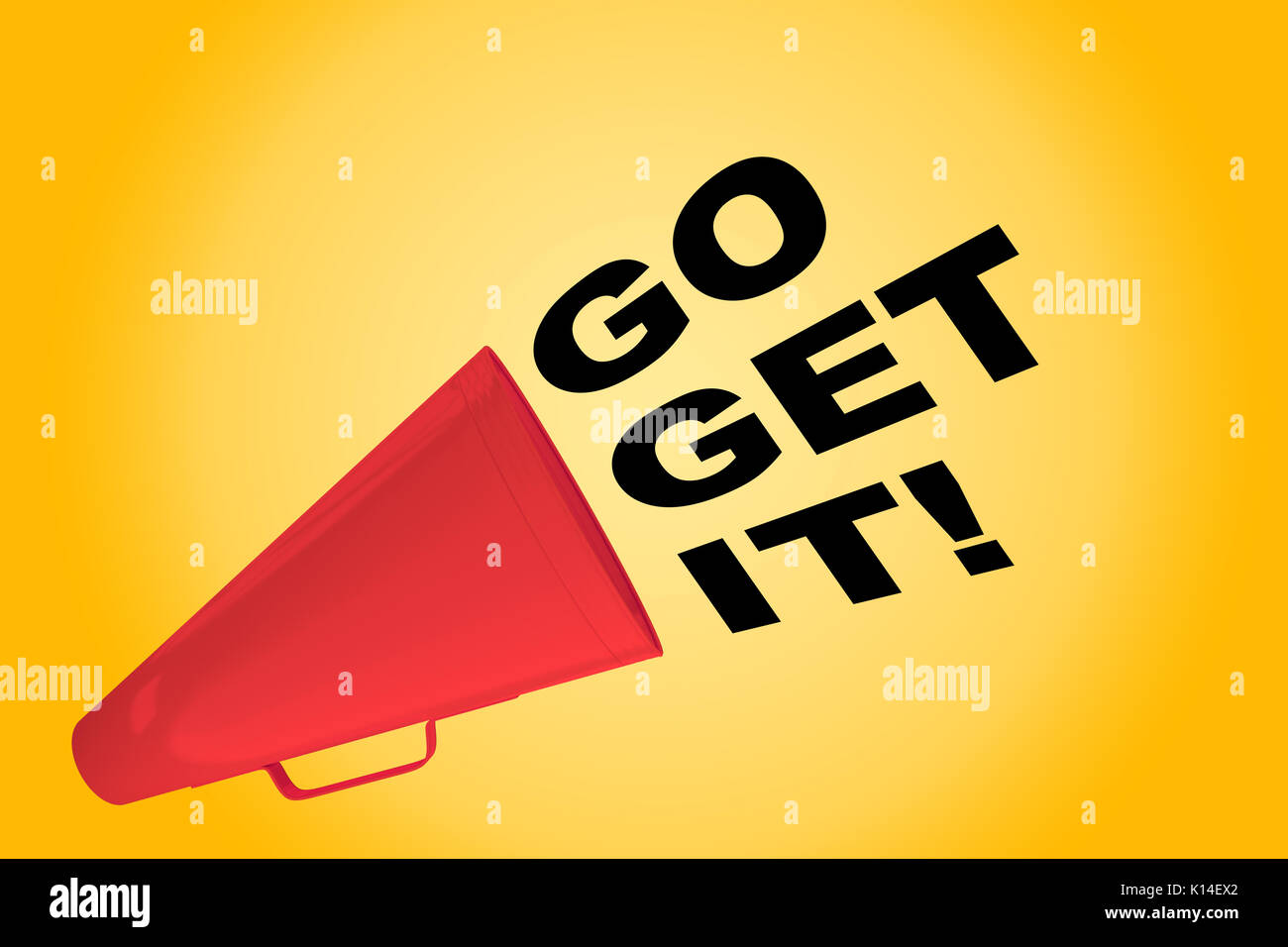 3D illustration of "GO GET IT!" title flowing from a loudspeaker Stock ...