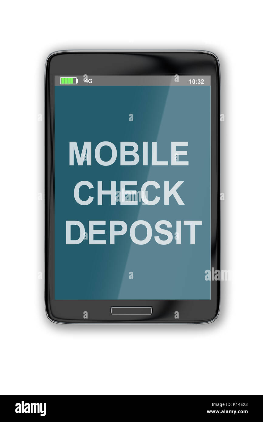 3D illustration of "MOBILE CHECK DEPOSIT" title on cellular screen ...