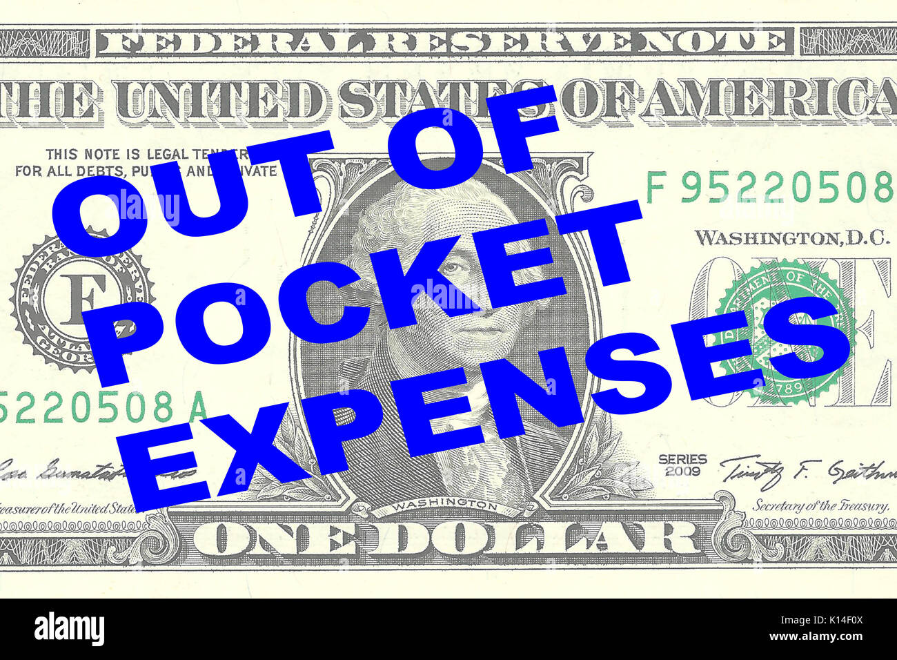 Render illustration of "OUT OF POCKET EXPENSE" title on One Dollar bill ...