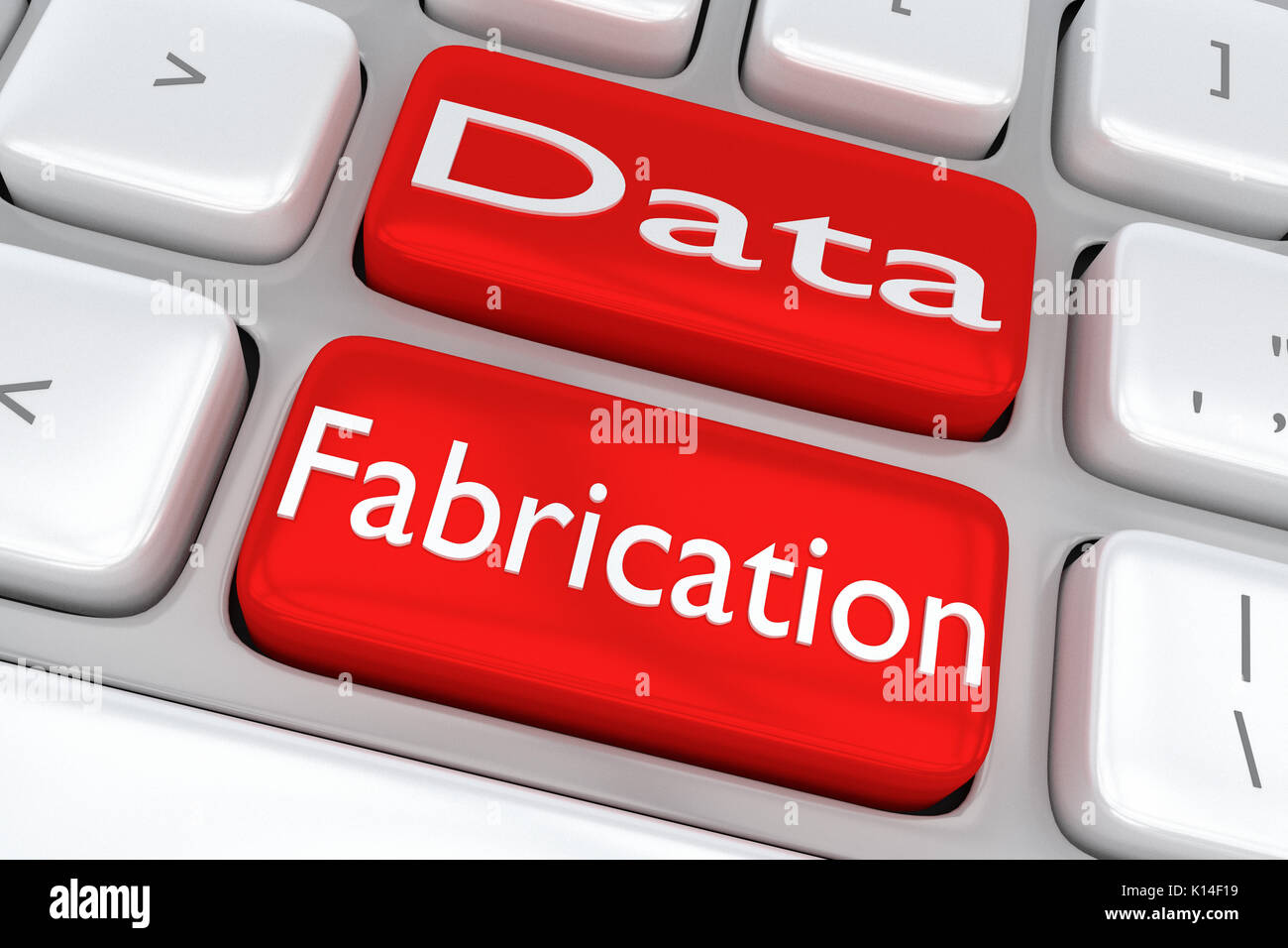 3D illustration of computer keyboard with the print "Data Fabrication" on two adjacent red ...