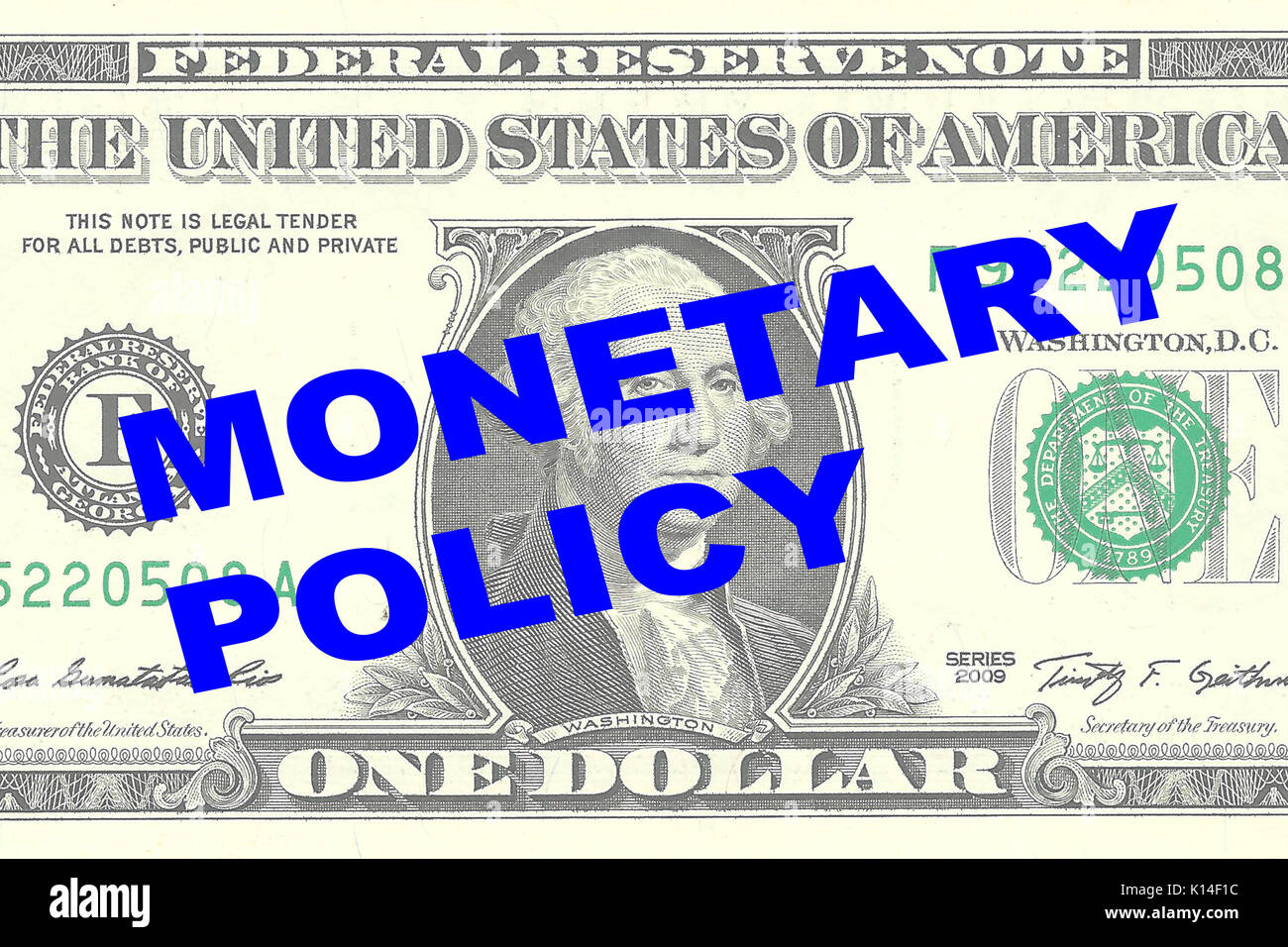 Render illustration of "MONETARY POLICY" title on One Dollar bill as a ...