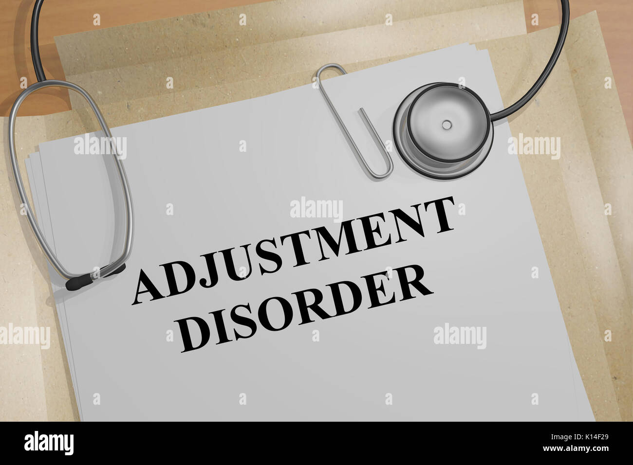 3D illustration of "ADJUSTMENT DISORDER" title on a medical document ...