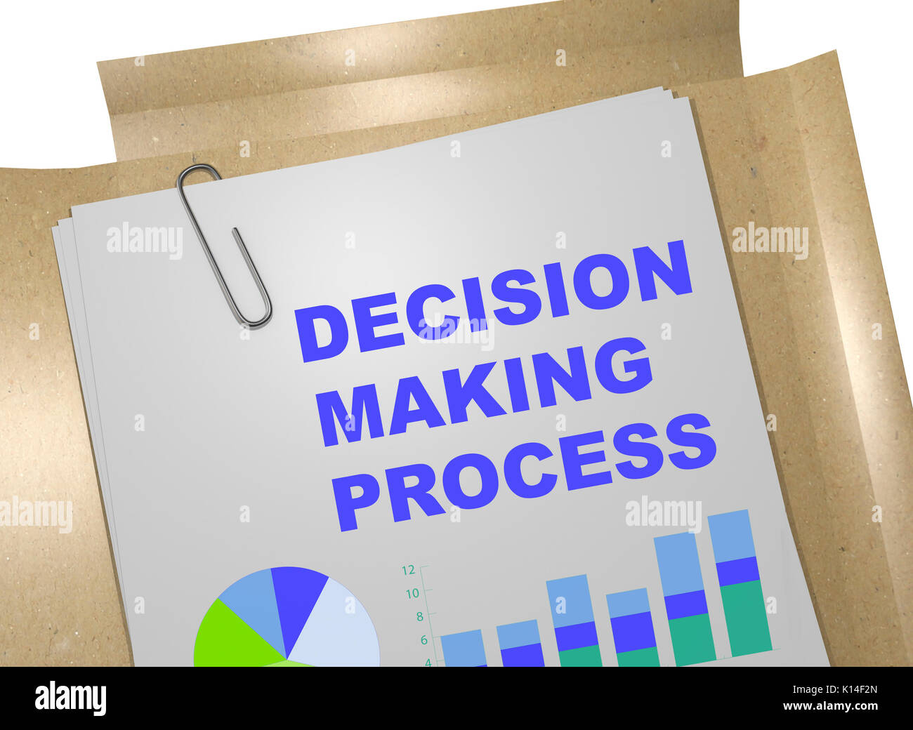 3D illustration of "DECISION MAKING PROCESS" title on business document ...