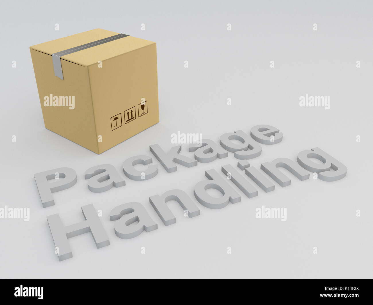 3D illustration of "Package Handling" title with a carton box as a ...