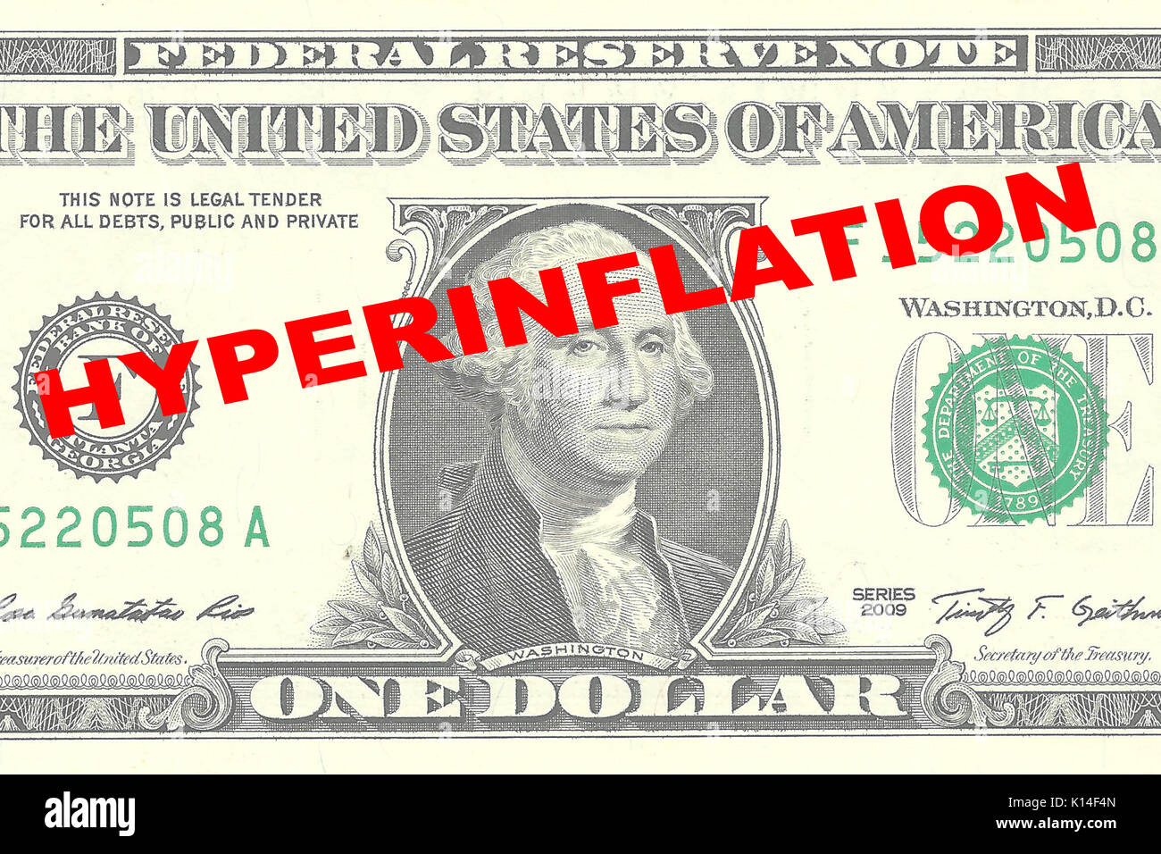 Render illustration of "HYPERINFLATION" title on One Dollar bill as a ...