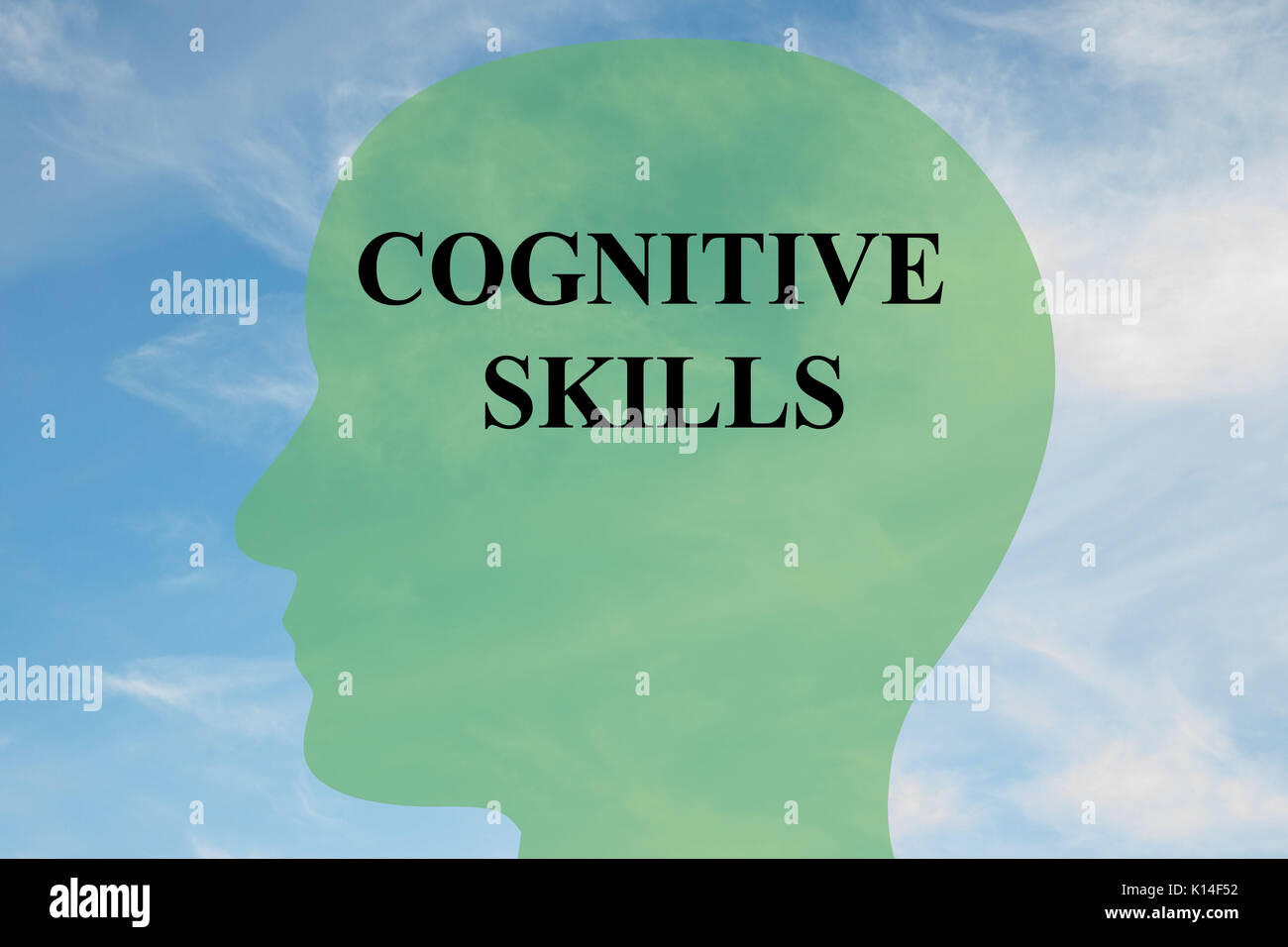 Render illustration of "COGNITIVE SKILLS" script on head silhouette ...