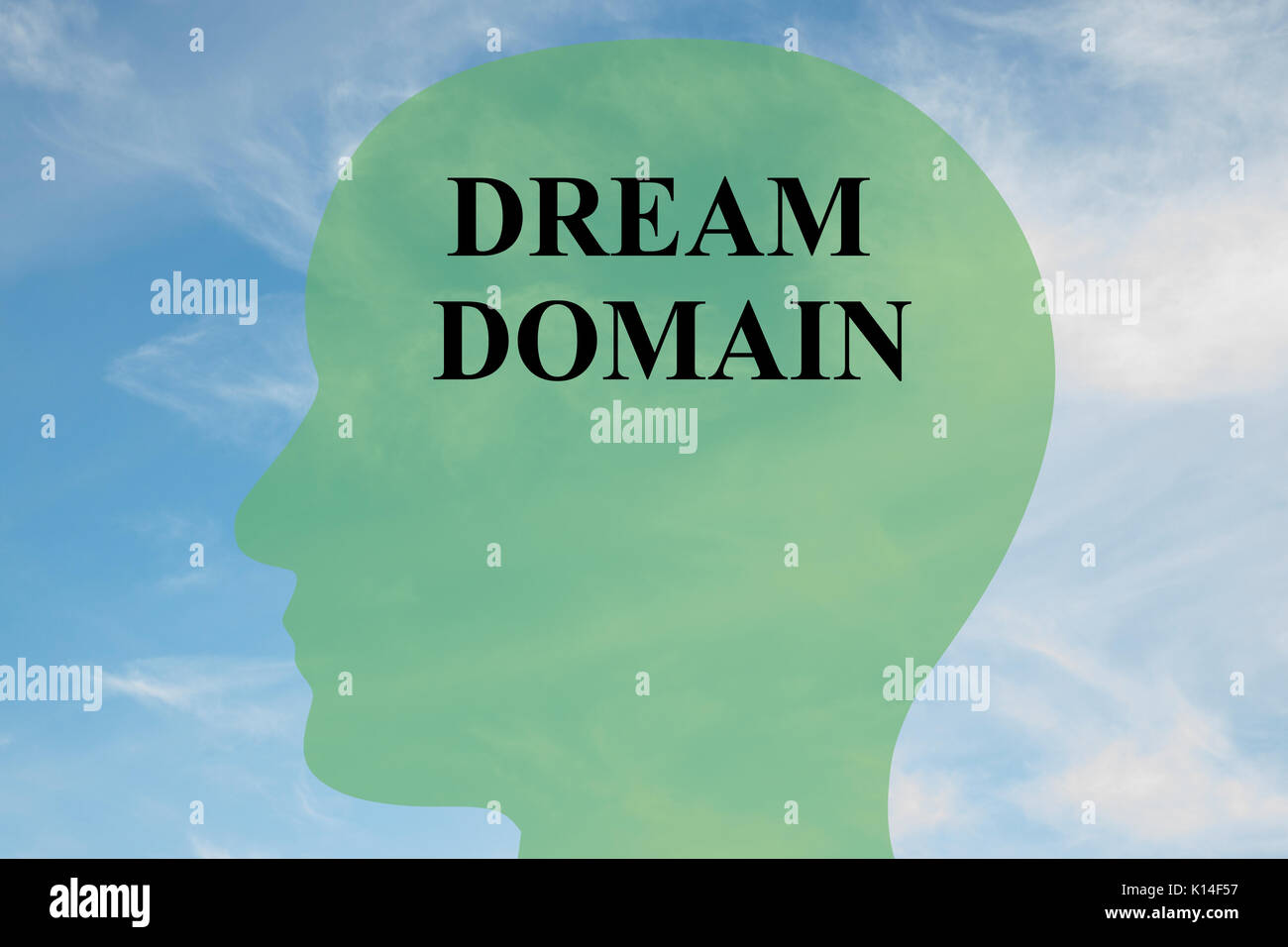 Render illustration of "DREAM DOMAIN" script on head silhouette, with ...
